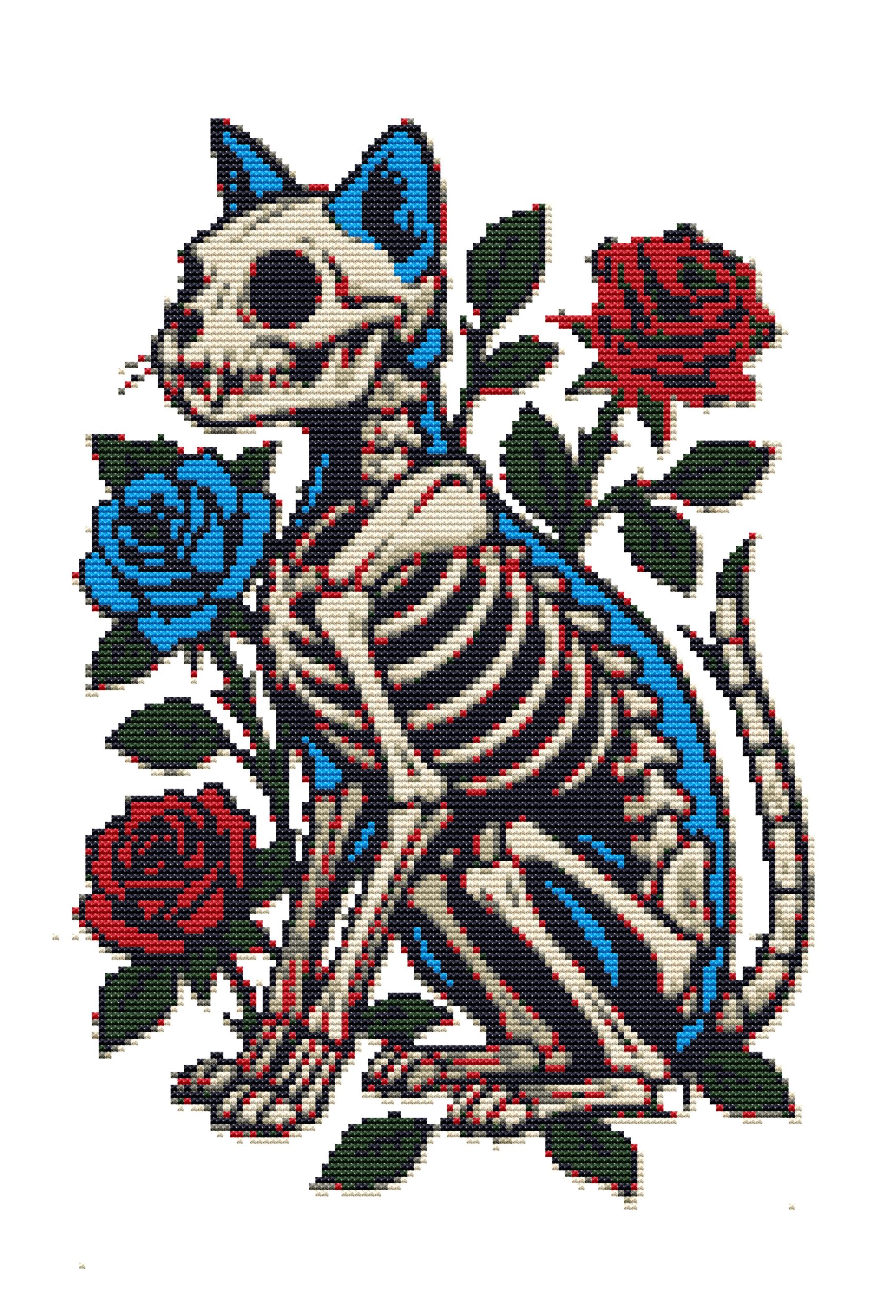 Cat skeleton with blue and red roses – Cross stitch pattern – Cross ...